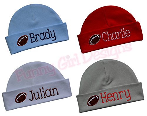 Embroidered Baby BOY Football Hat Personalized Keepsake Custom Infant Hat with Name (Gray Hat)