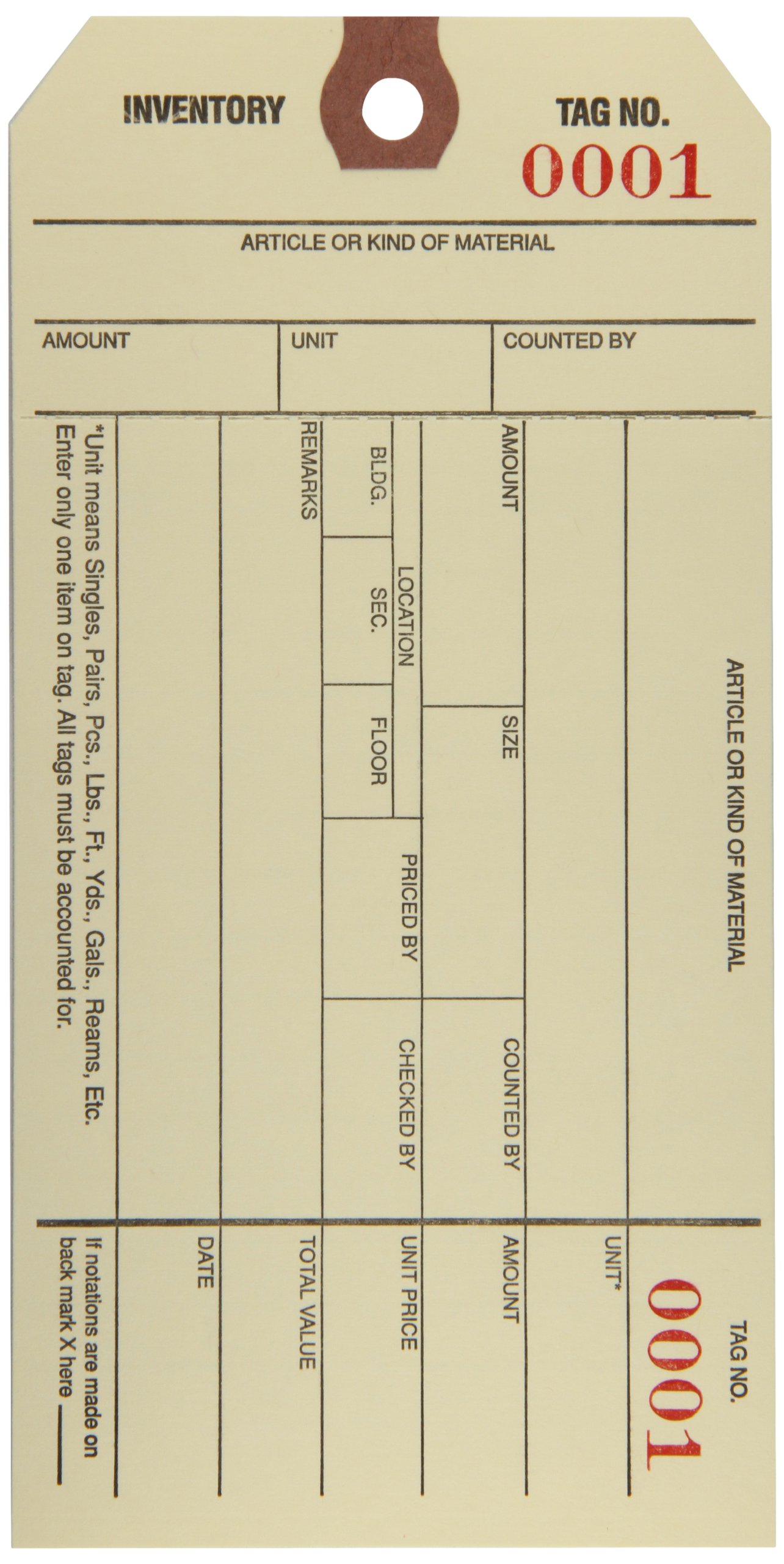 Aviditi Inventory Tags with Numbered Tear-Off Stub, 8 6 1/4" x 3 1/8", Series (000-0999), Manila, for Inventory Management, Case of 1000, (G18011)