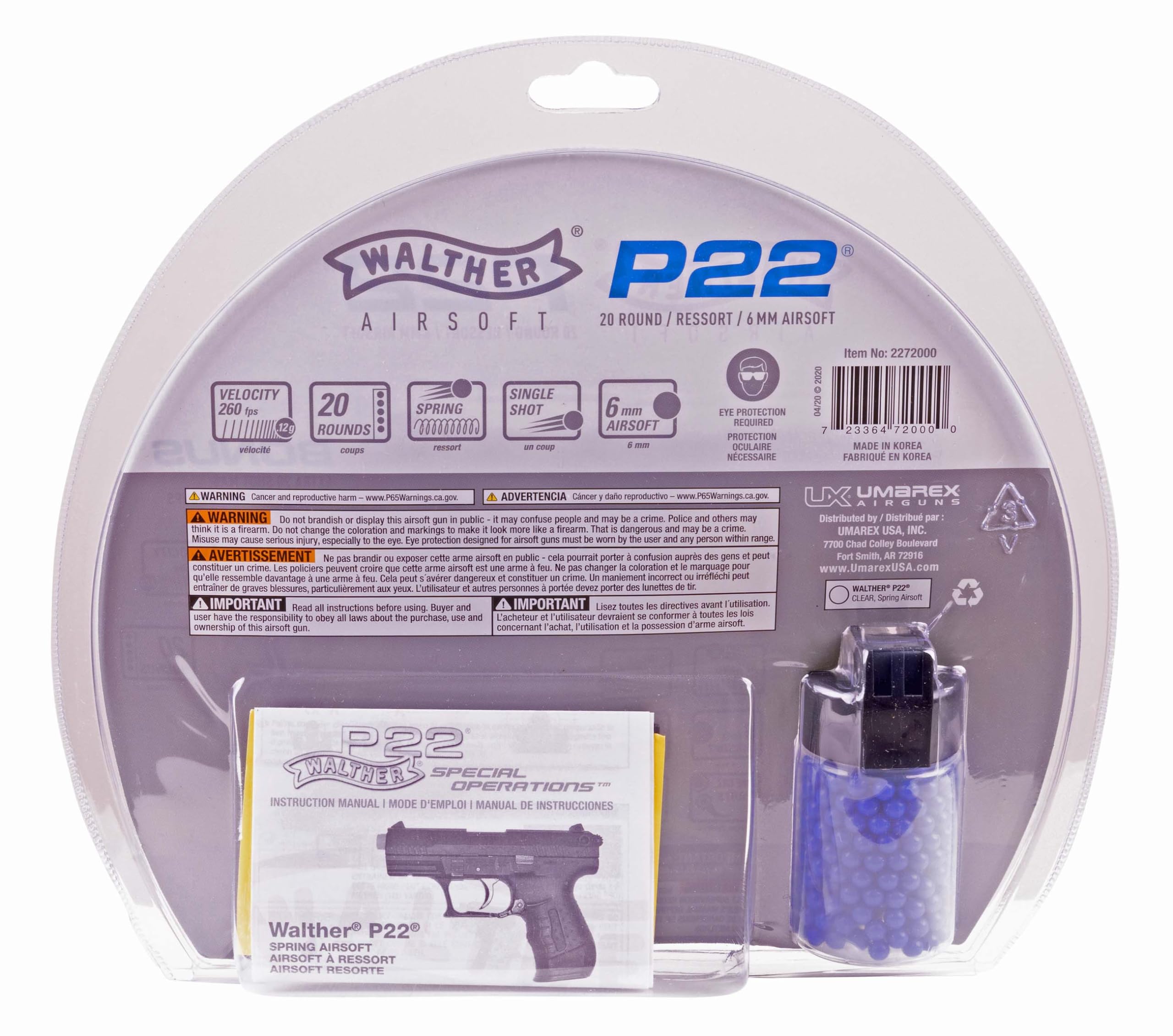 Elite Force Walther P22 Spring Powered 6mm BB Pistol Airsoft Gun, Clear