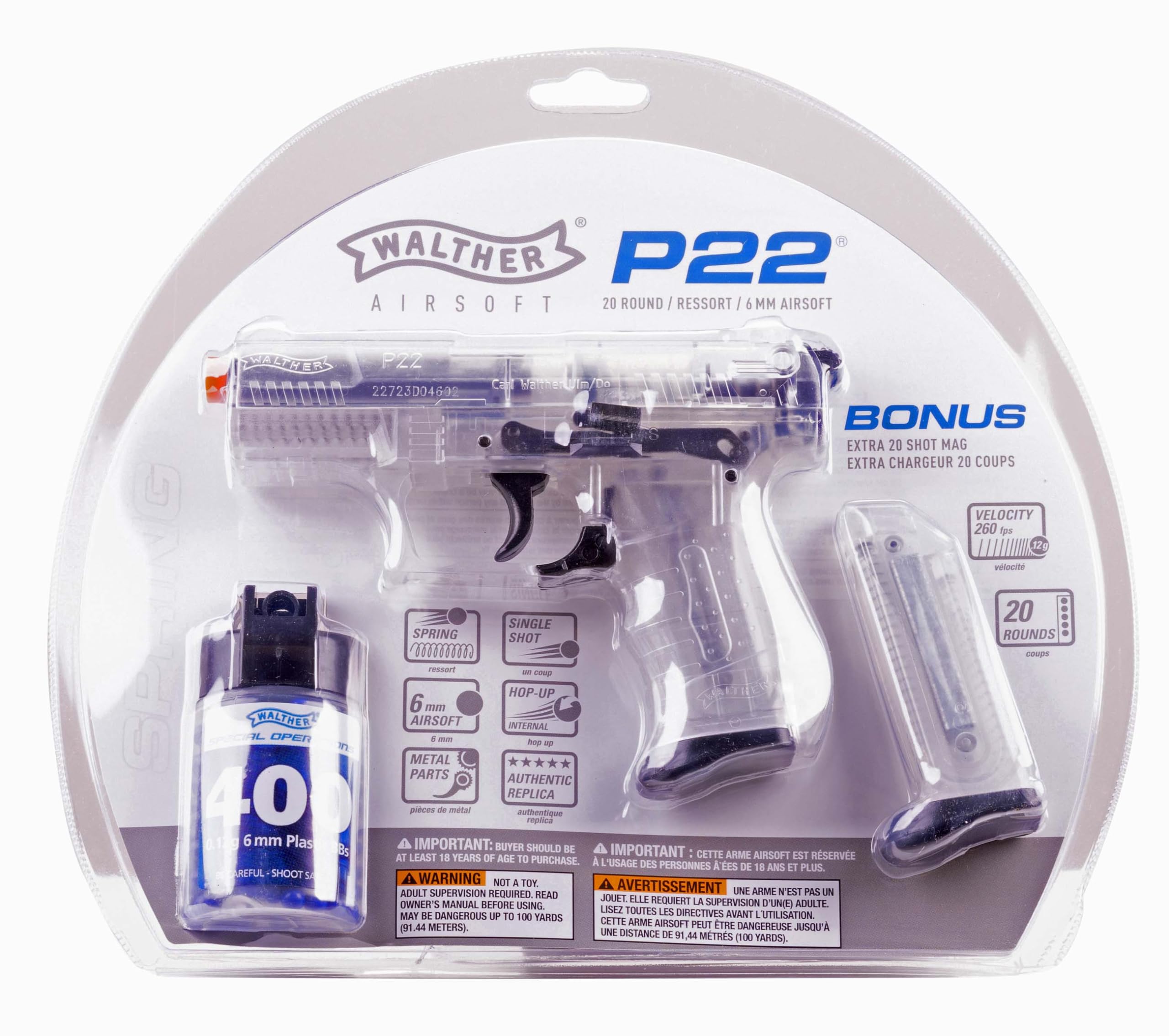 Elite Force Walther P22 Spring Powered 6mm BB Pistol Airsoft Gun, Clear