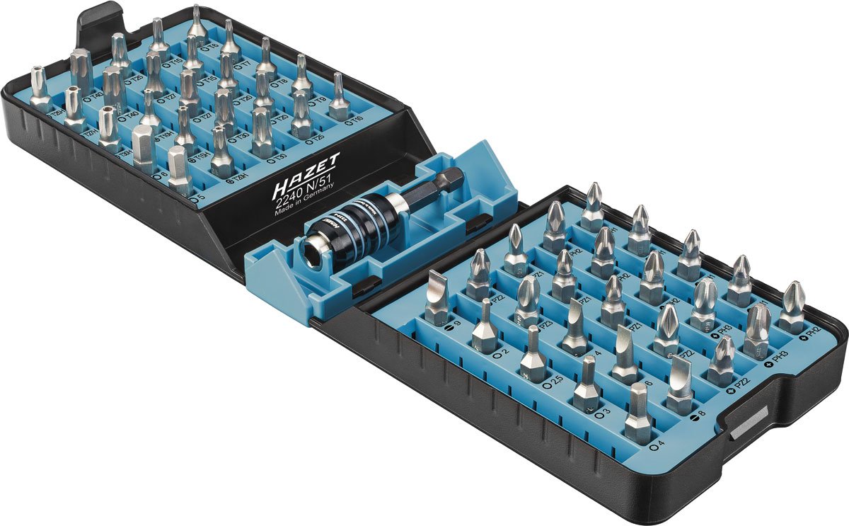 HAZET BitE-Box 2240N/51 I 51-piece screwdriver bit set, drive: Pozidriv, hexagon 6.3 (1/4 inch), Phillips, Tamper Resistant TORX, internal hexagon, slotted, internal TORX