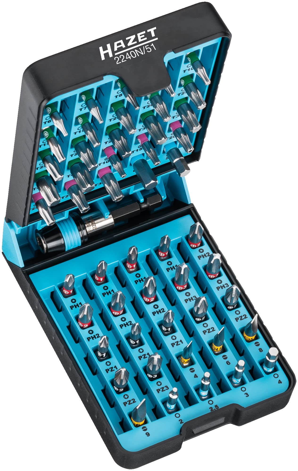HAZET BitE-Box 2240N/51 I 51-piece screwdriver bit set, drive: Pozidriv, hexagon 6.3 (1/4 inch), Phillips, Tamper Resistant TORX, internal hexagon, slotted, internal TORX