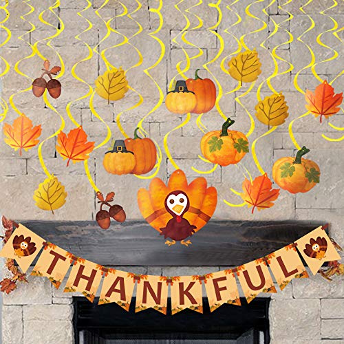 Ivenf Thanksgiving Decorations, 31 ct Turkey Pumpkin Fall Leaves Hanging Swirls and Thankful Banner, Maple Leaves Home Fireplace Decor Autumn Theme Party Supplies