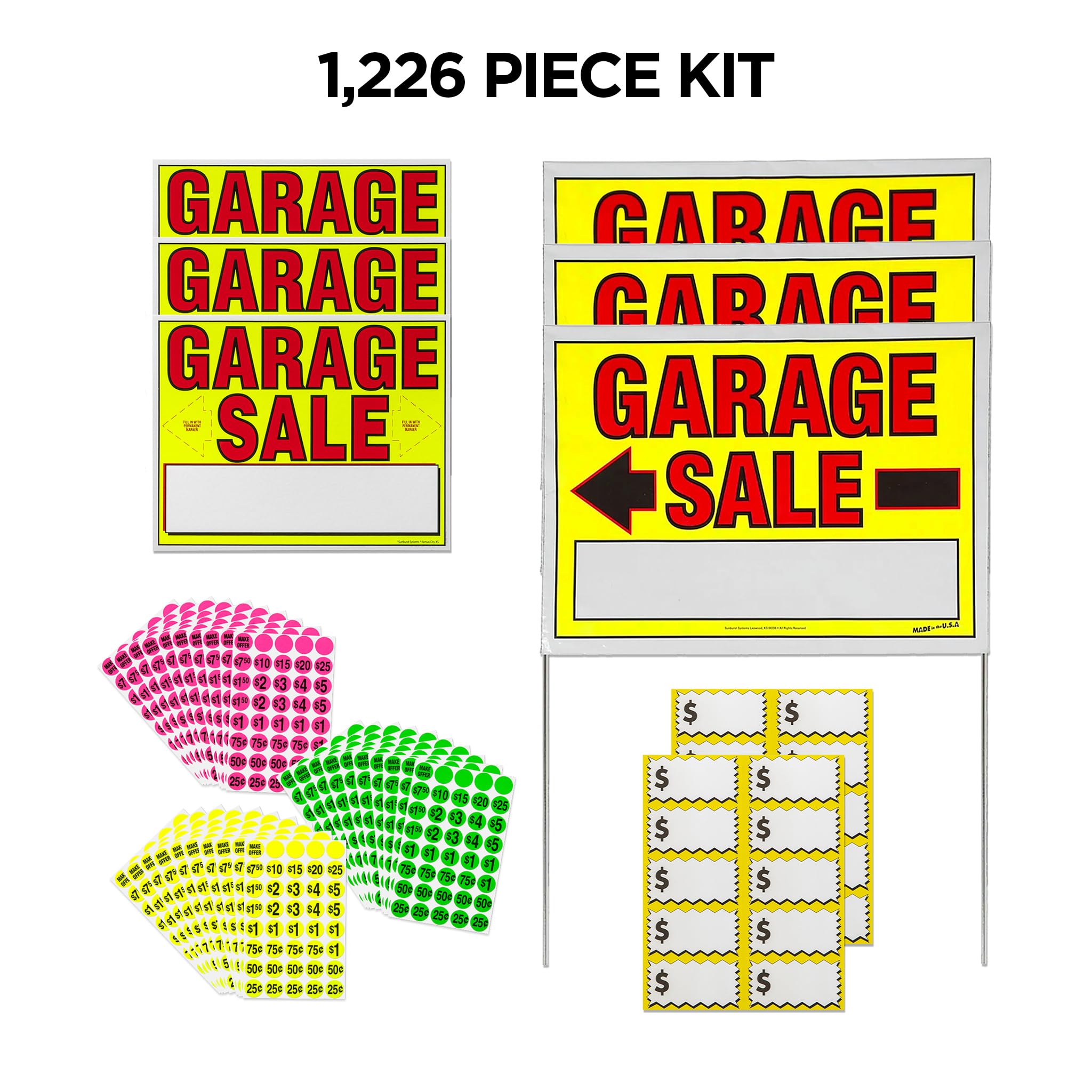 Sunburst Systems 3030 Garage Sale Sign Kit Includes: 3) Large Signs, 3) 11 x 14 Signs, 1,200 Yellow, Pink & Green Price Stickers, and 20 Large Pricing Cards