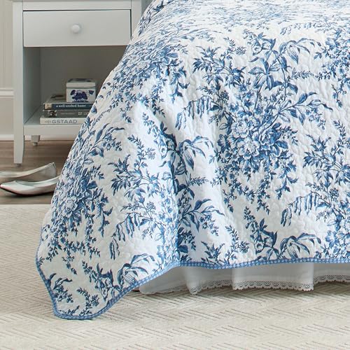 Laura Ashley - King Quilt Set, Reversible Cotton Bedding with Matching Shams, Home Decor for All Seasons (Bedford Delft Blue, King)
