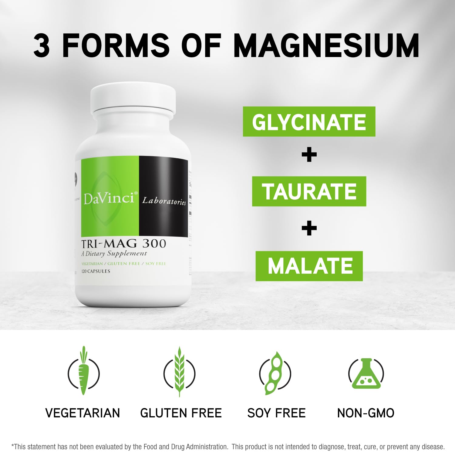 DaVinci Labs Tri-Mag 300 - Chelated Magnesium Supplement with Glycinate, Taurinate & Malate - Helps Support Adrenal Hormone Balance, Nutrient Absorption, Nerve Function & Bone Health* - 120 Capsules