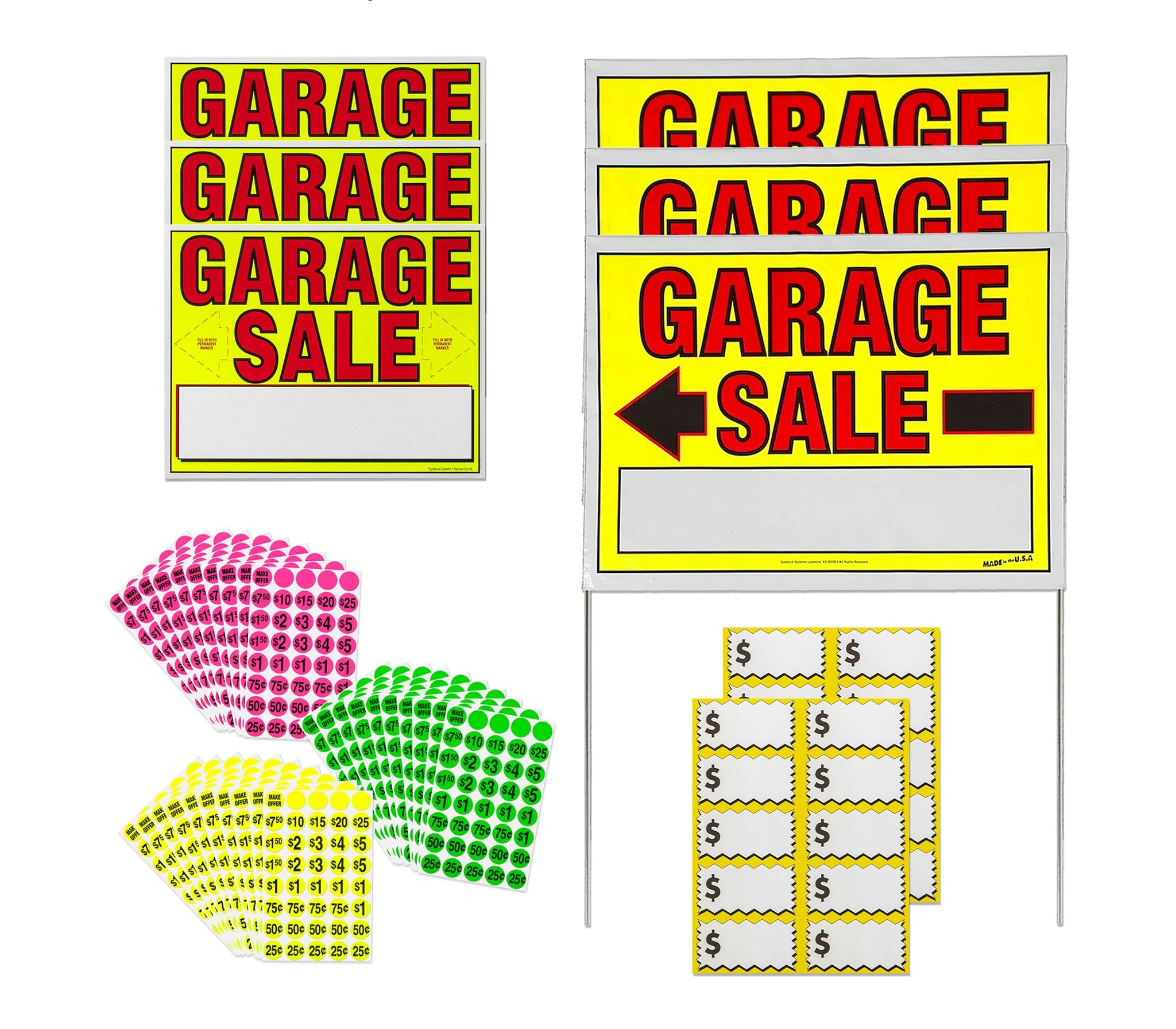 Sunburst Systems 3030 Garage Sale Sign Kit Includes: 3) Large Signs, 3) 11 x 14 Signs, 1,200 Yellow, Pink & Green Price Stickers, and 20 Large Pricing Cards