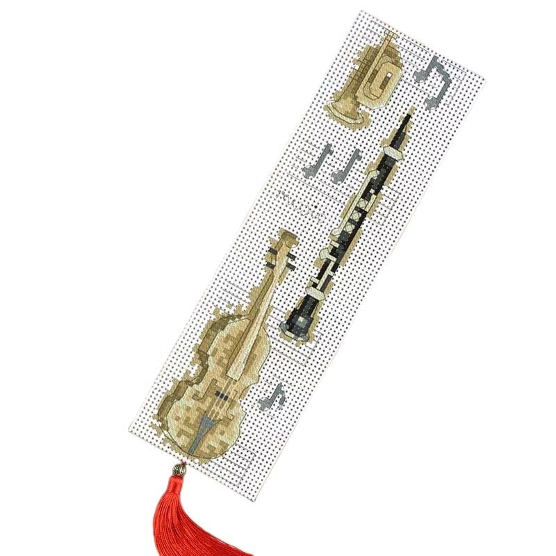 Music Instrument Counted Cross Stitch Bookmarks Kits Two Side Bookmarks Cross Stitch kit Counted 18ct Plastic Fabric Needlework Embroidery Craft kit Blank Plastic Canvas Embroidery Canvas Kit 18x6cm