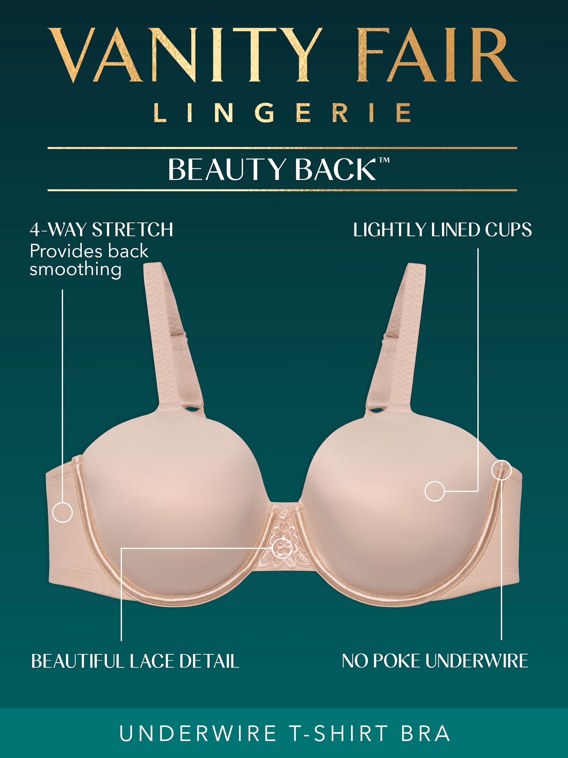 Vanity Fair Womens Full Figure Beauty Back Smoothing Bra, 4-way Stretch Fabric, Lightly Lined Cups Up To H Bra, Underwire - Beige, 38D US