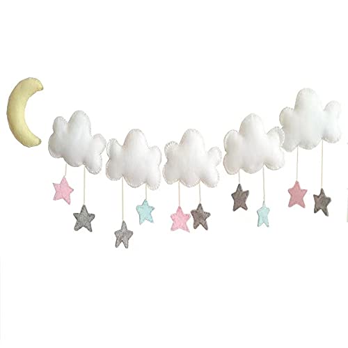 Bemeet, 5ft Felt Cloud Star Wall Hanging Decoration (Set of 1) Clouds Stars Moon Wall Hanging Garland, Baby Shower Party Supplies, Sky Theme String Garlands for Nursery Decor
