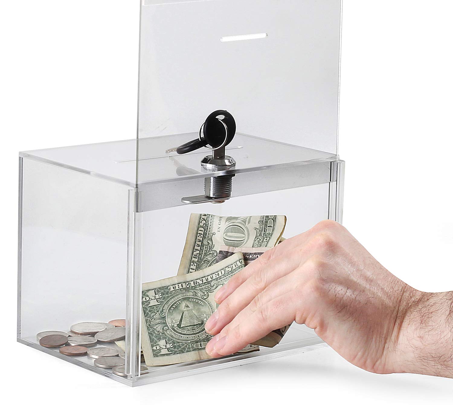 Acrylic Charity Donation Ballot Box Fundraising Coin Collection Tip Box 6.5" x 5" x 5" Office Suggestion Box Piggy Bank Ticket Box with Large 8.5" x 6.5" Display Area with Lock and Keys