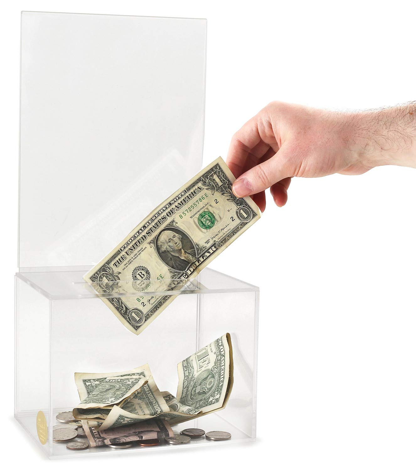 Acrylic Charity Donation Ballot Box Fundraising Coin Collection Tip Box 6.5" x 5" x 5" Office Suggestion Box Piggy Bank Ticket Box with Large 8.5" x 6.5" Display Area with Lock and Keys