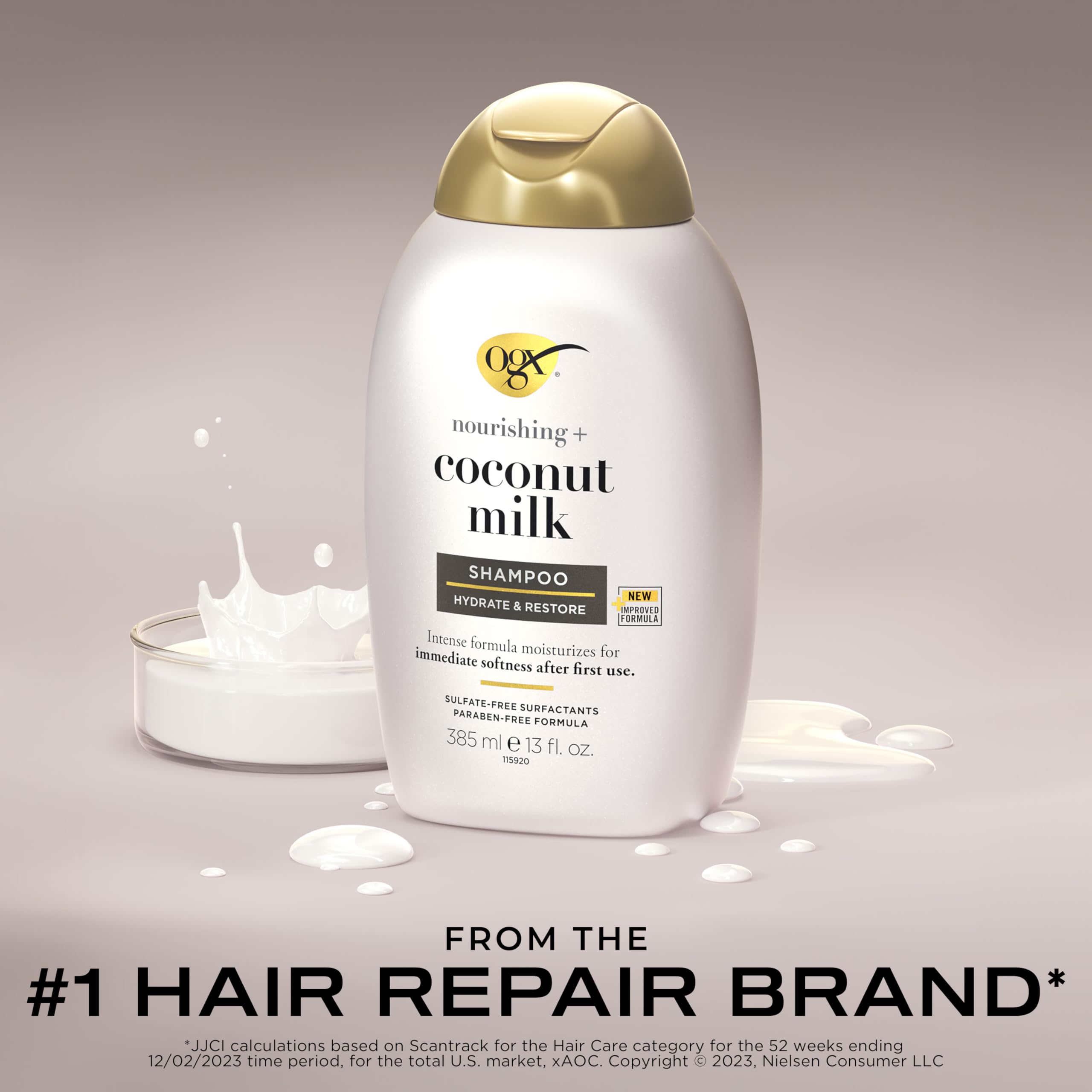 OGX Nourishing + Coconut Milk Moisturizing Shampoo, Hydrating & Restoring Shampoo Moisturizes for Soft Hair After the First Use, Paraben-Free, Sulfate-Free Surfactants, 13 fl. oz