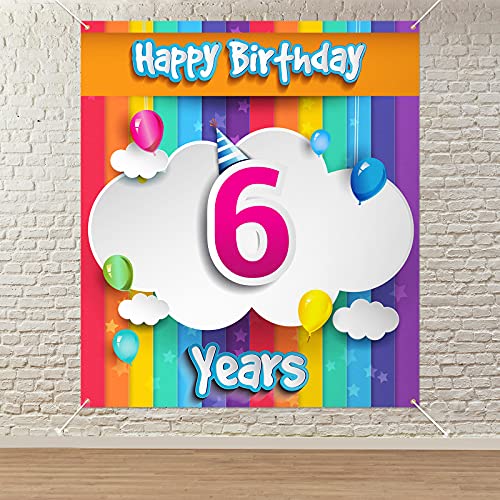 Happy 6th Birthday Backdrop Banner Decor Colorful - Rainbow Balloons Cloud Happy 6 Years Old Birthday Party Theme Decorations for Girls or Boys Supplies