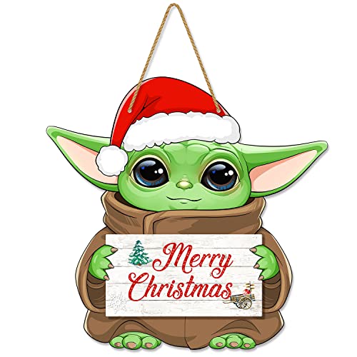 Christmas Baby Yoda Front Door Decorations Hanging Signs Door Sign for Holiday Decor Merry Christmas Sign Large Xmas Themed Party Supplies Yard Porch Wall Window Kid’s Room Decoration