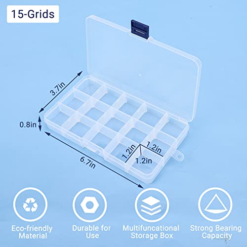 COSICS Rhinestone Organizer Storage Box, 4PCS 15-Grid Small Clear Plastic Jewelry Case, Empty Container Dividers for Nail Art Craft Accessory, Display Holder for Fishing Tackle, Bead, Charms, Sewing