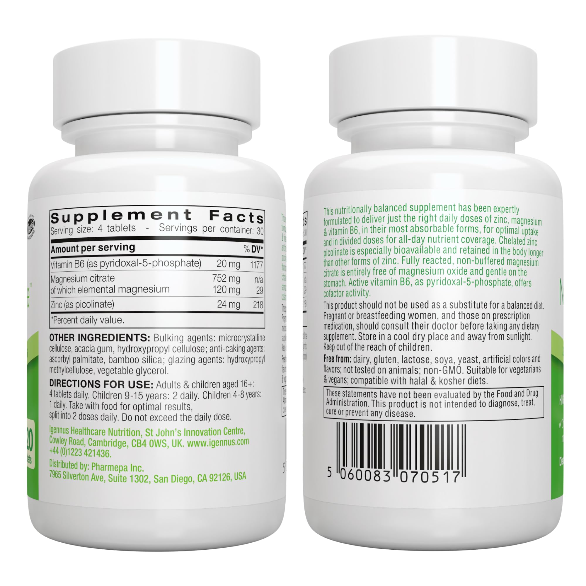 Igennus Neurobalance, High Absorption Chelated Zinc Picolinate 24mg, Magnesium & Vitamin B6, Brain, Sleep & Immune, Magnesium Stearate and Oxide-Free, Non-GMO, 120 Tablets