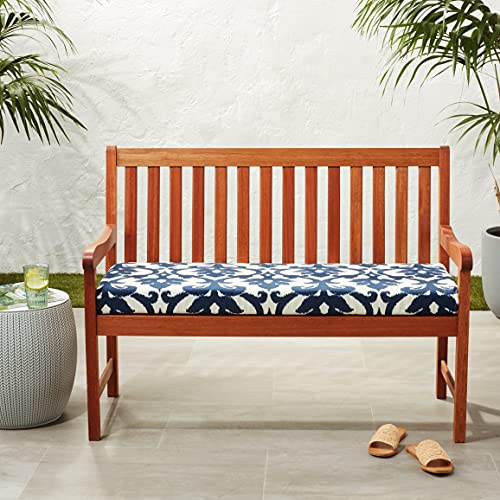 Pillow Perfect Damask Indoor/Outdoor Sofa Setee Bench Swing Cushion with Ties Weather, and Fade Resistant, 18" x 45", Blue Basalto Navy