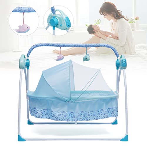 LOYALHEARTDY Baby Cradle Swing 5 Speed Electric Stand Crib Auto Rocking Chair Bed with Remote Control Infant Musical Sleeping Basket for 0-18 Months Newborn Babies, Mosquito Net+Mat+Pillow (Blue)
