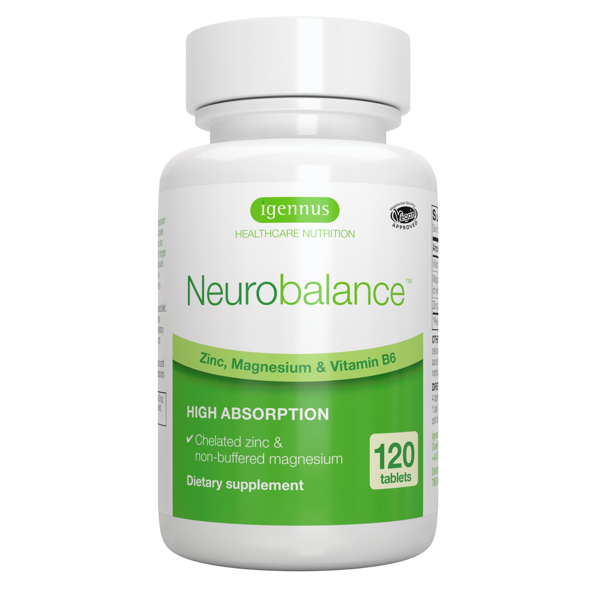 Igennus Neurobalance, High Absorption Chelated Zinc Picolinate 24mg, Magnesium & Vitamin B6, Brain, Sleep & Immune, Magnesium Stearate and Oxide-Free, Non-GMO, 120 Tablets