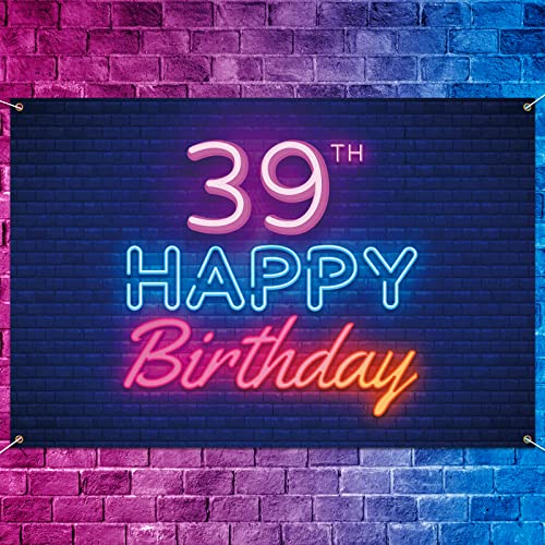 Glow Neon Happy 39th Birthday Backdrop Banner Decor Black – Colorful Glowing 39 Years Old Birthday Party Theme Decorations for Men Women Supplies