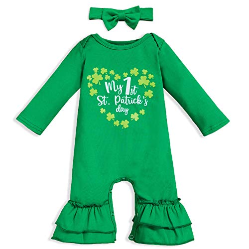 My 1st St. Patricks Day Romper Baby Girl Ruffle Jumpsuit Shamrock Print Long Sleeve Coming Home Outfits+Headband (Green, 1-3 Months)