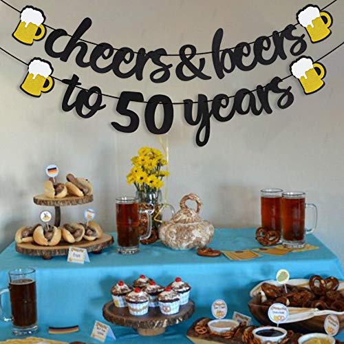 Joymee Cheers & Beers to 50 Years Black Glitter Banner for 50th Birthday Wedding Aniversary Party Supplies Decorations - PRESTRUNG