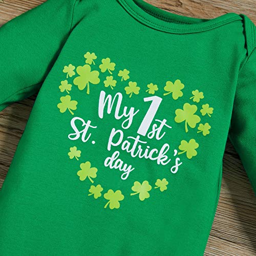 My 1st St. Patricks Day Romper Baby Girl Ruffle Jumpsuit Shamrock Print Long Sleeve Coming Home Outfits+Headband (Green, 1-3 Months)