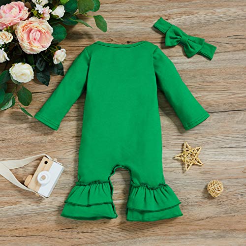 My 1st St. Patricks Day Romper Baby Girl Ruffle Jumpsuit Shamrock Print Long Sleeve Coming Home Outfits+Headband (Green, 1-3 Months)