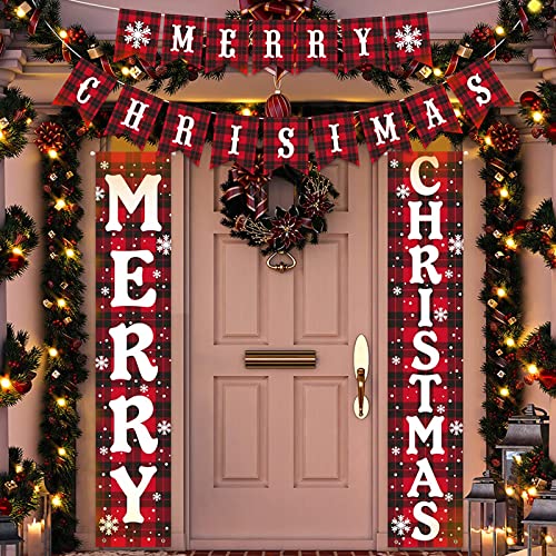 DECORLIFE Christmas Banners for Outside, Large Christmas Door Banner Red Black Buffalo Plaid, Hanging Merry Christmas Porch Sign for Front Door Indoor Outdoor Home Christmas Decorations