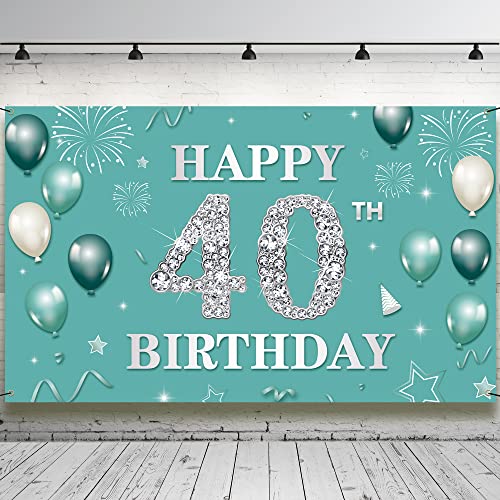 40th Birthday Banner Backdrop, Teal Silver Happy 40th Birthday Decorations Women, Turquoise 40 Years Old Birthday Photo Props, Forty Birthday Party Sign for Outdoor Indoor, Fabric Vicycaty