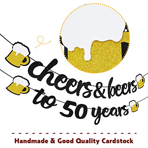 Joymee Cheers & Beers to 50 Years Black Glitter Banner for 50th Birthday Wedding Aniversary Party Supplies Decorations - PRESTRUNG