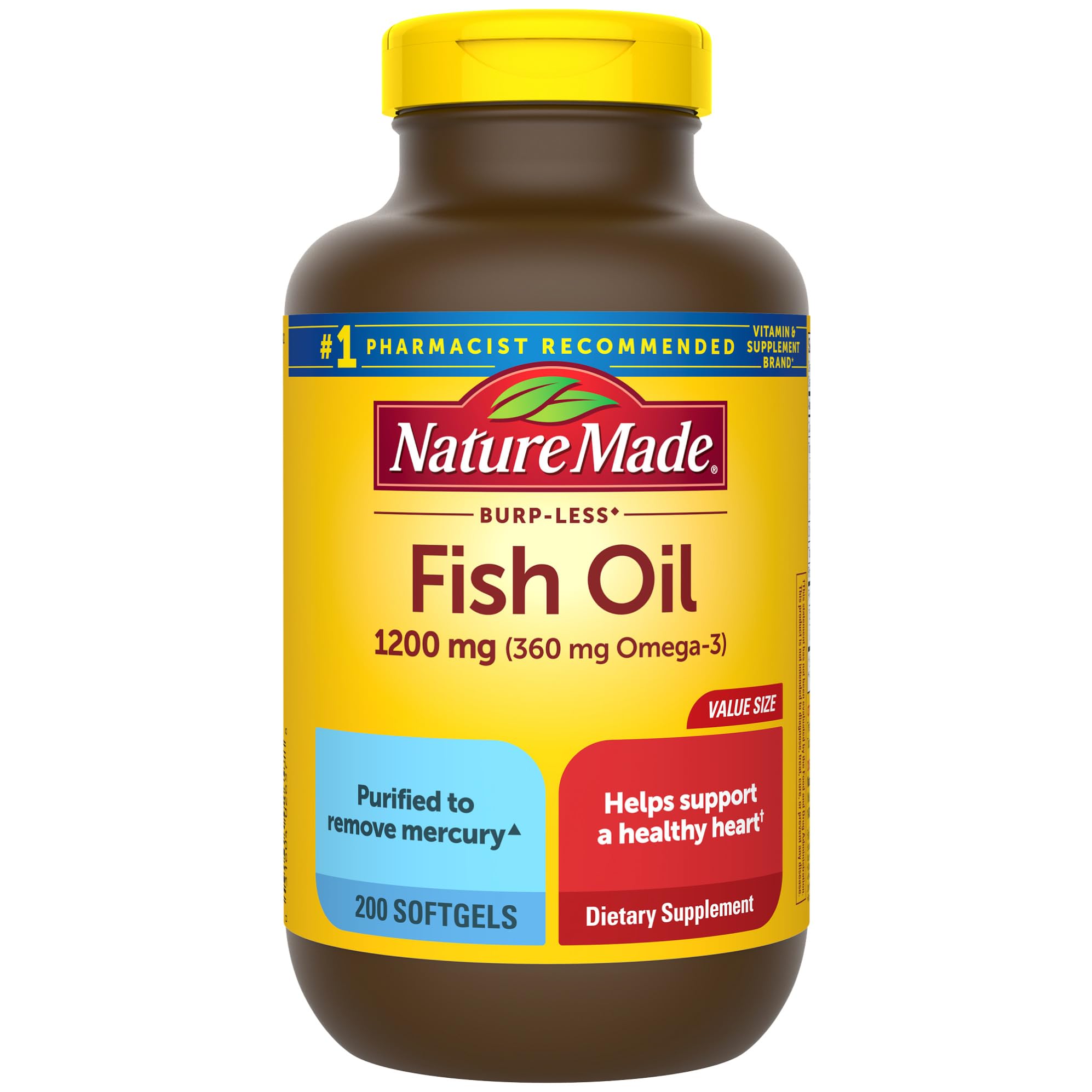 Nature Made Burp Less Fish Oil 1200 mg, Fish Oil Supplements, Omega 3 Fish Oil for Healthy Heart Support, Omega 3 Supplement with 200 Softgels, 100 Day Supply
