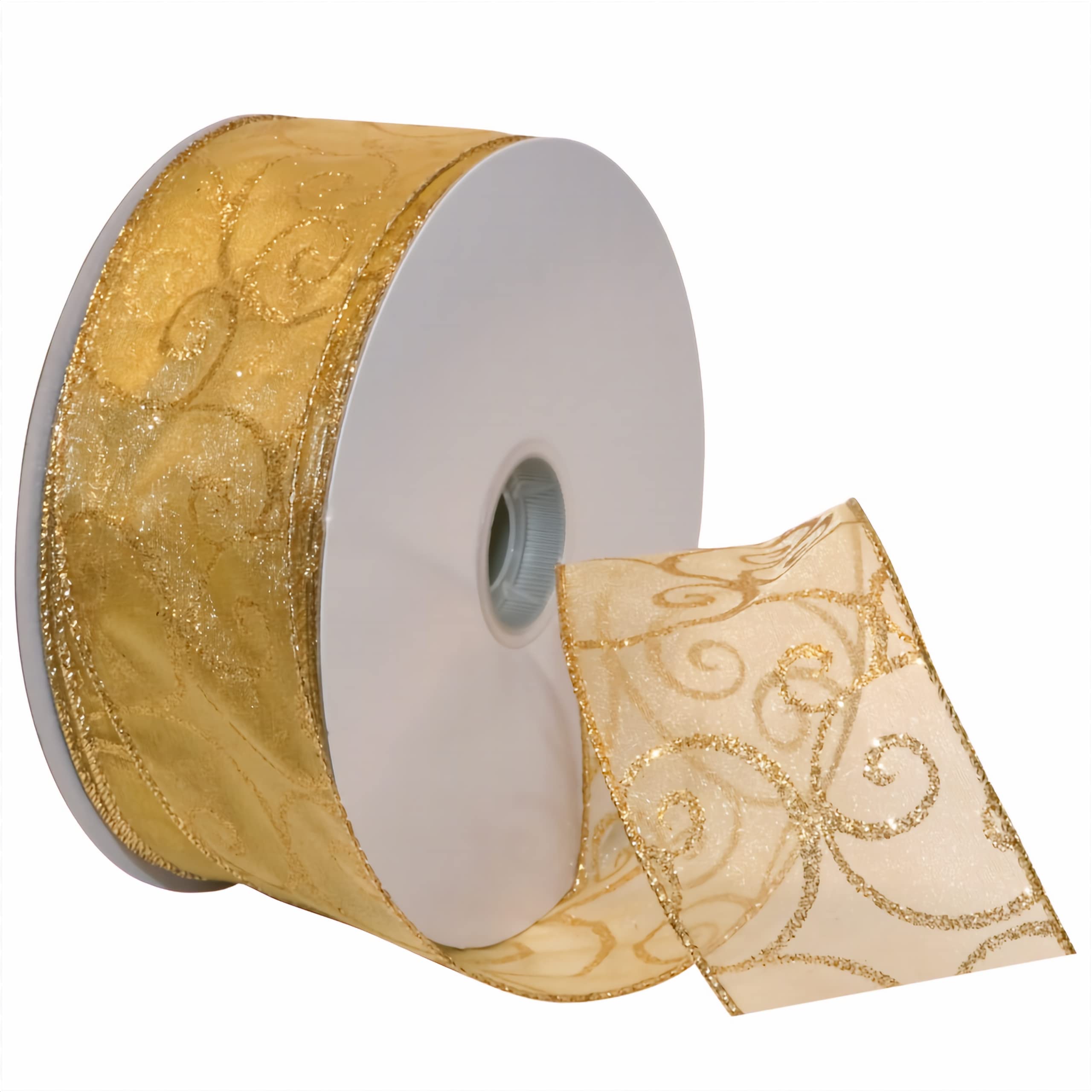 Morex Ribbon 7416.60/50-634 Swirl 2.5" X 50 YD Nylon Sheer Curling Wired Glitter Ribbon, Gold, Holiday Ribbons for Crafts and Christmas Decorations, Indoor Christmas Ribbon for Gift Wrapping