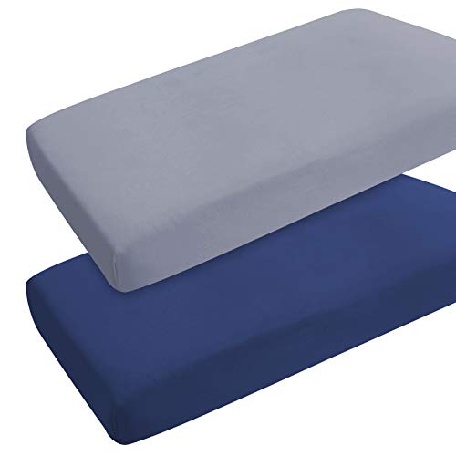 Pack n Play Sheets Fitted 2 Pack for Dream On Me Play Yard, Mini Crib Sheets Set for Baby Girls Boys, Portable Playard Sheet, Ultra Soft Microfiber Pack n Play Mattress Sheet, Grey and Navy