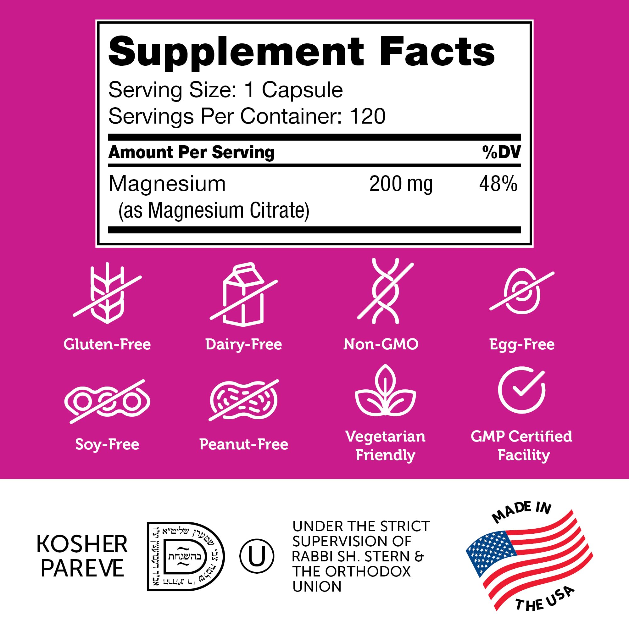 Zahler - Magnesium Supplement Capsules 200 mg (120 Count) Certified Kosher Bioactive Magnesium Citrate for Max Absorption - Natural Magnesium Mineral for Men & Women - Best Magnesium Supplements