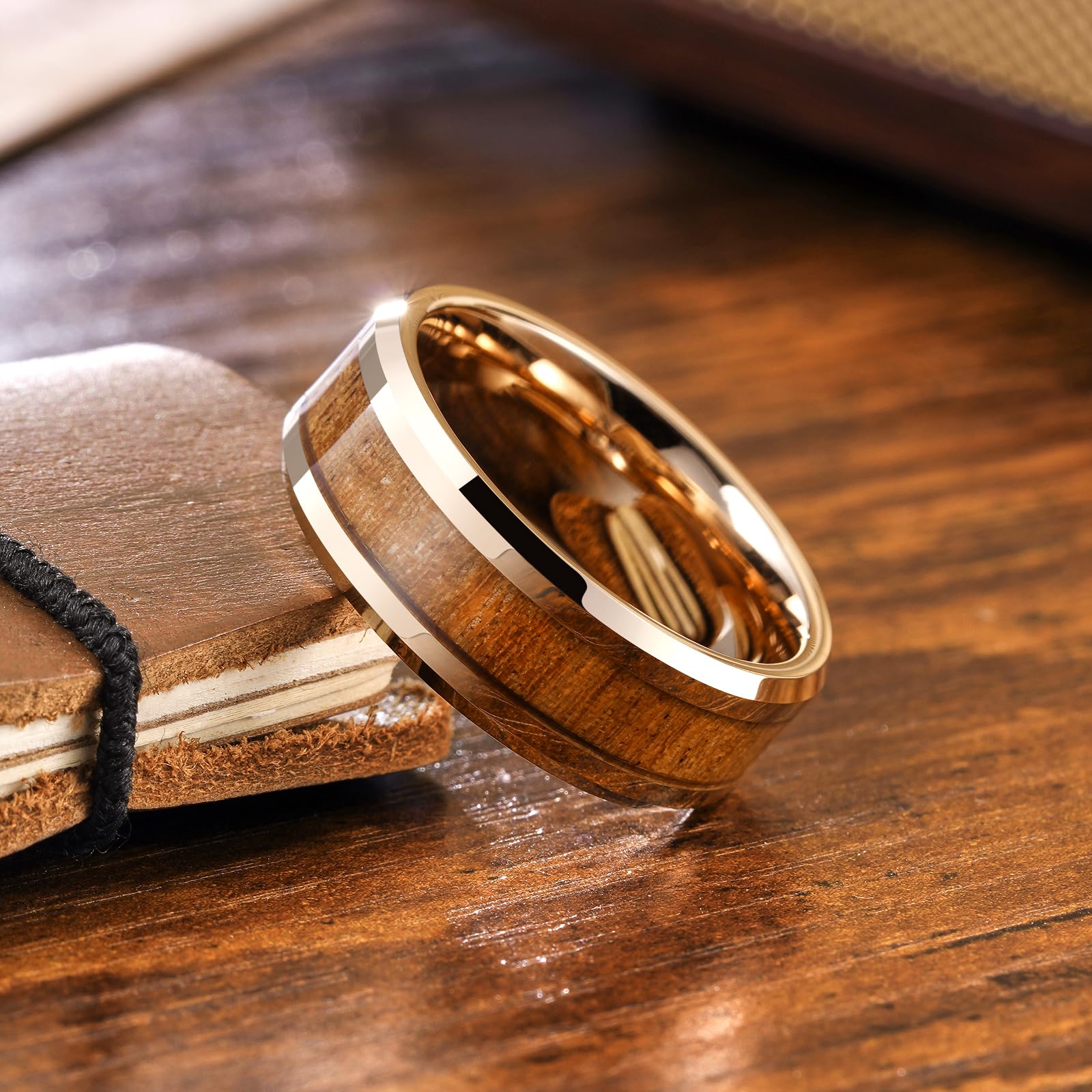 King Will Nature Koa Wood Inlay Tungsten Carbide Wedding Ring 8mm Rose Gold High Polished Comfort Fit 9.5