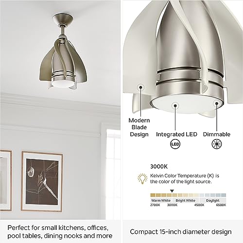 Kichler Terna 15" LED Ceiling Fan in Brushed Nickel, 5-Blade Modern Ceiling Fan with Remote Control, 3000K, (15" W x 19.75" H), 300230NI