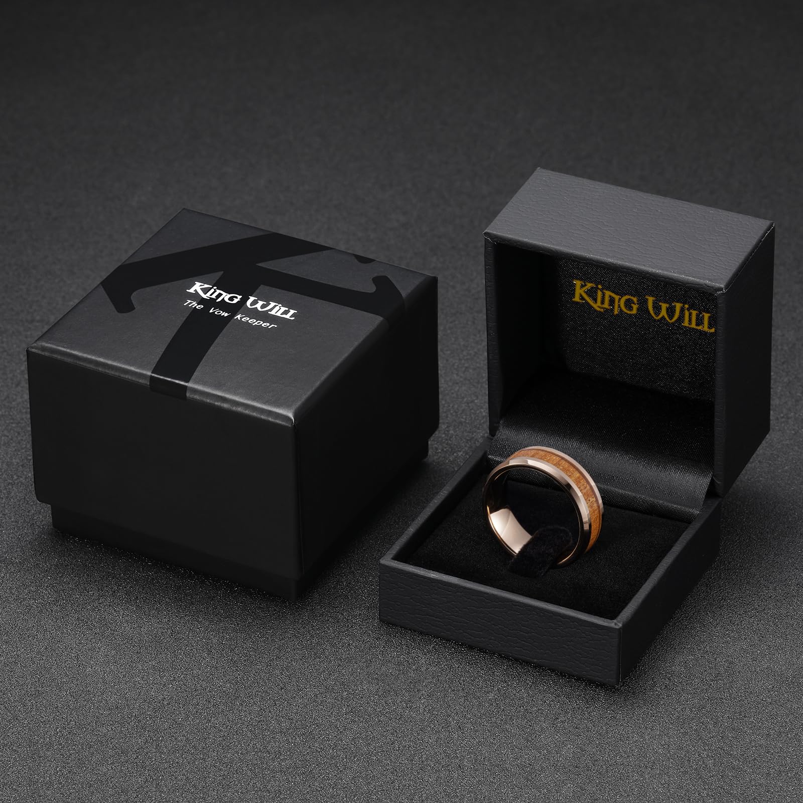 King Will Nature Koa Wood Inlay Tungsten Carbide Wedding Ring 8mm Rose Gold High Polished Comfort Fit 9.5