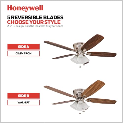 Honeywell Ceiling Fans Glen Alden, 52 Inch Classic Flush Mount Indoor LED Ceiling Fan with Light, Pull Chain, Quick-2-Hang Dual Finish Blades, Reversible Motor - 50182 (Brushed Nickel)