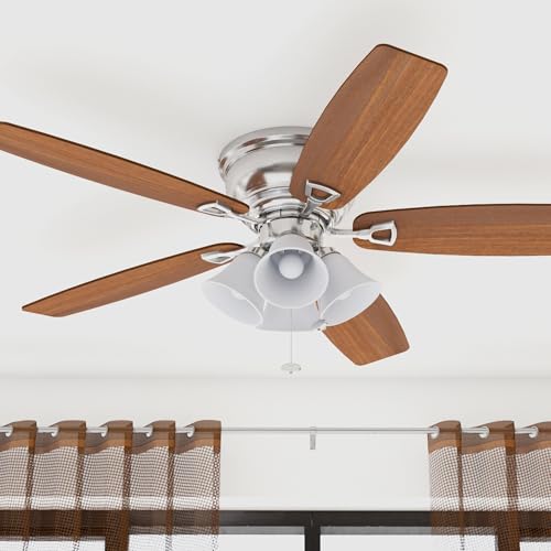 Honeywell Ceiling Fans Glen Alden, 52 Inch Classic Flush Mount Indoor LED Ceiling Fan with Light, Pull Chain, Quick-2-Hang Dual Finish Blades, Reversible Motor - 50182 (Brushed Nickel)