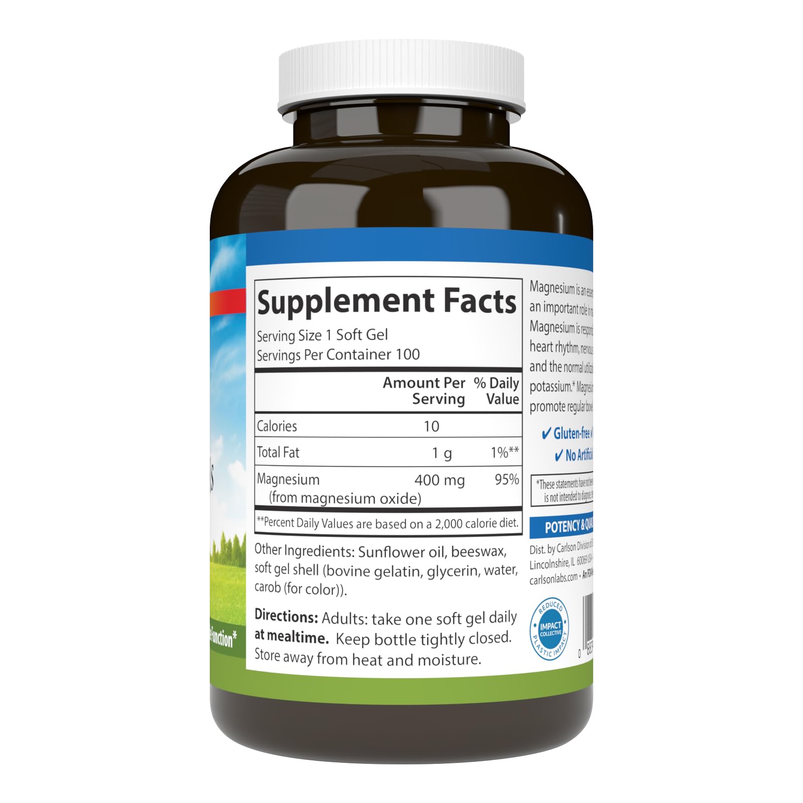 Carlson - Magnesium Gels, 400 mg of Magnesium per Softgel, Heart & Muscle Support, Magnesium Gel Caps, Bowel Function, Magnesium Supplement, 100 Softgels