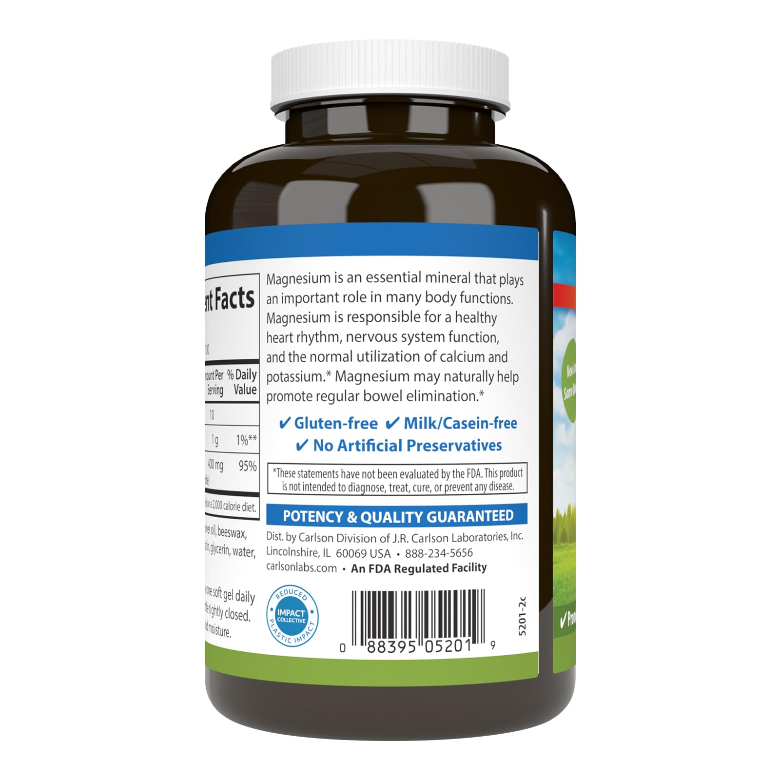 Carlson - Magnesium Gels, 400 mg of Magnesium per Softgel, Heart & Muscle Support, Magnesium Gel Caps, Bowel Function, Magnesium Supplement, 100 Softgels
