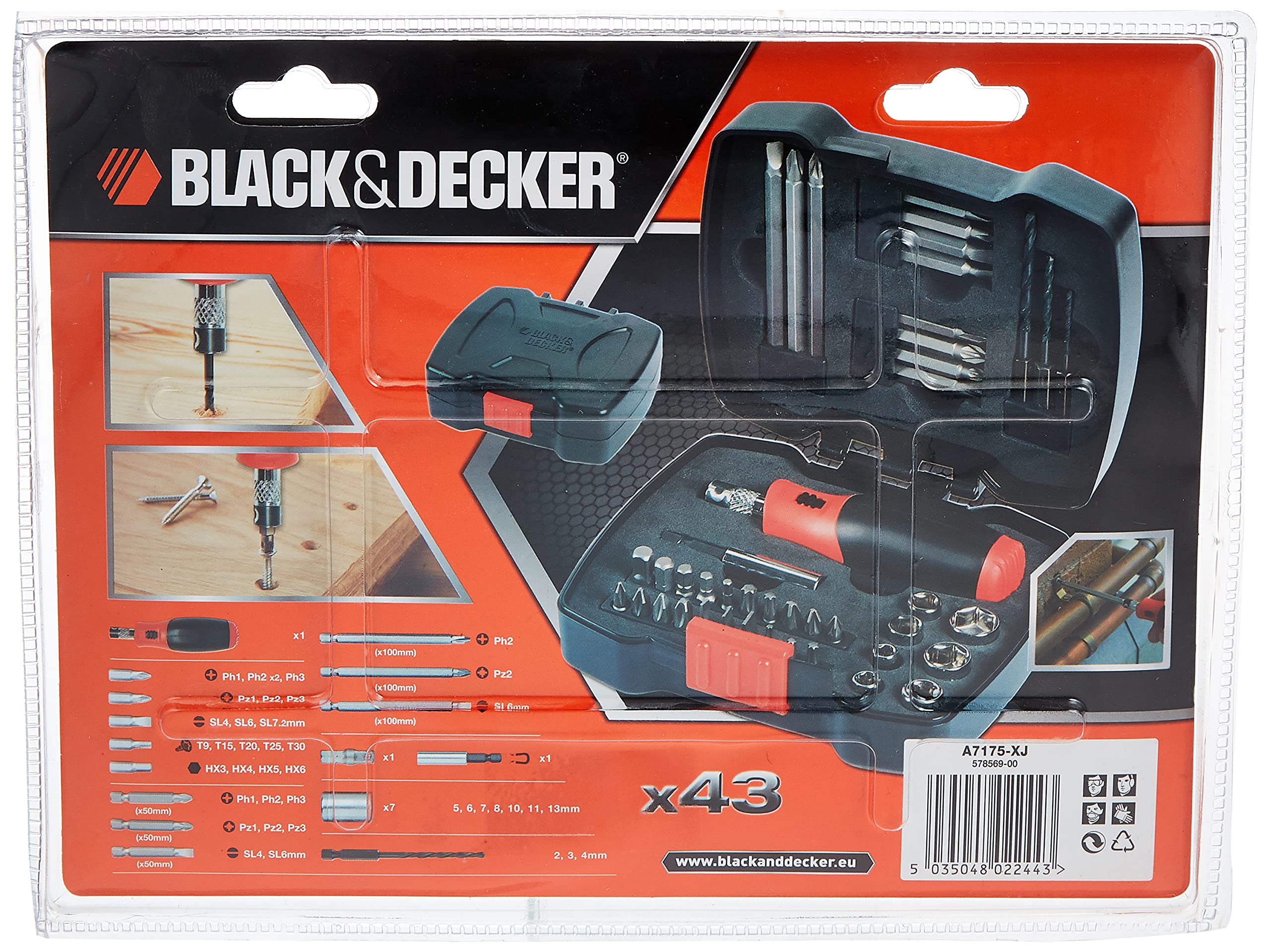 Black + Decker A7175 Hand Ratchet Set with Screwdriver Bits and Box Nuts 43-Piece