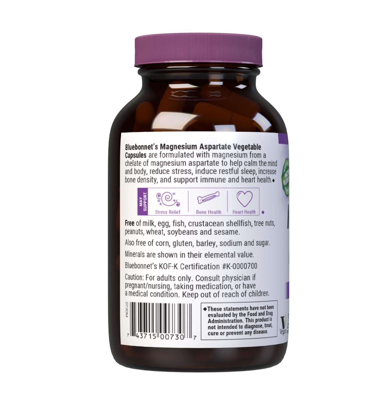 Bluebonnet Nutrition Magnesium 400 mg Chelated Magnesium Aspartate Daily Mineral, Heart & Bone Support* Supplement for Men & Women Vegan, Non-GMO - 100 Vegetable Capsules