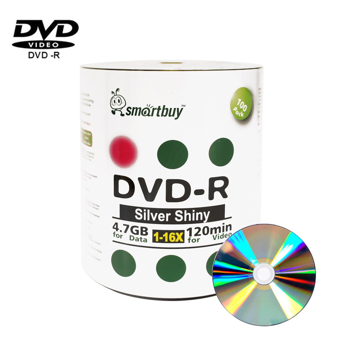 Smartbuy 4.7gb/120min 16x DVD-R Shiny Silver Blank Data Video Recordable Media Disc (100-Disc)
