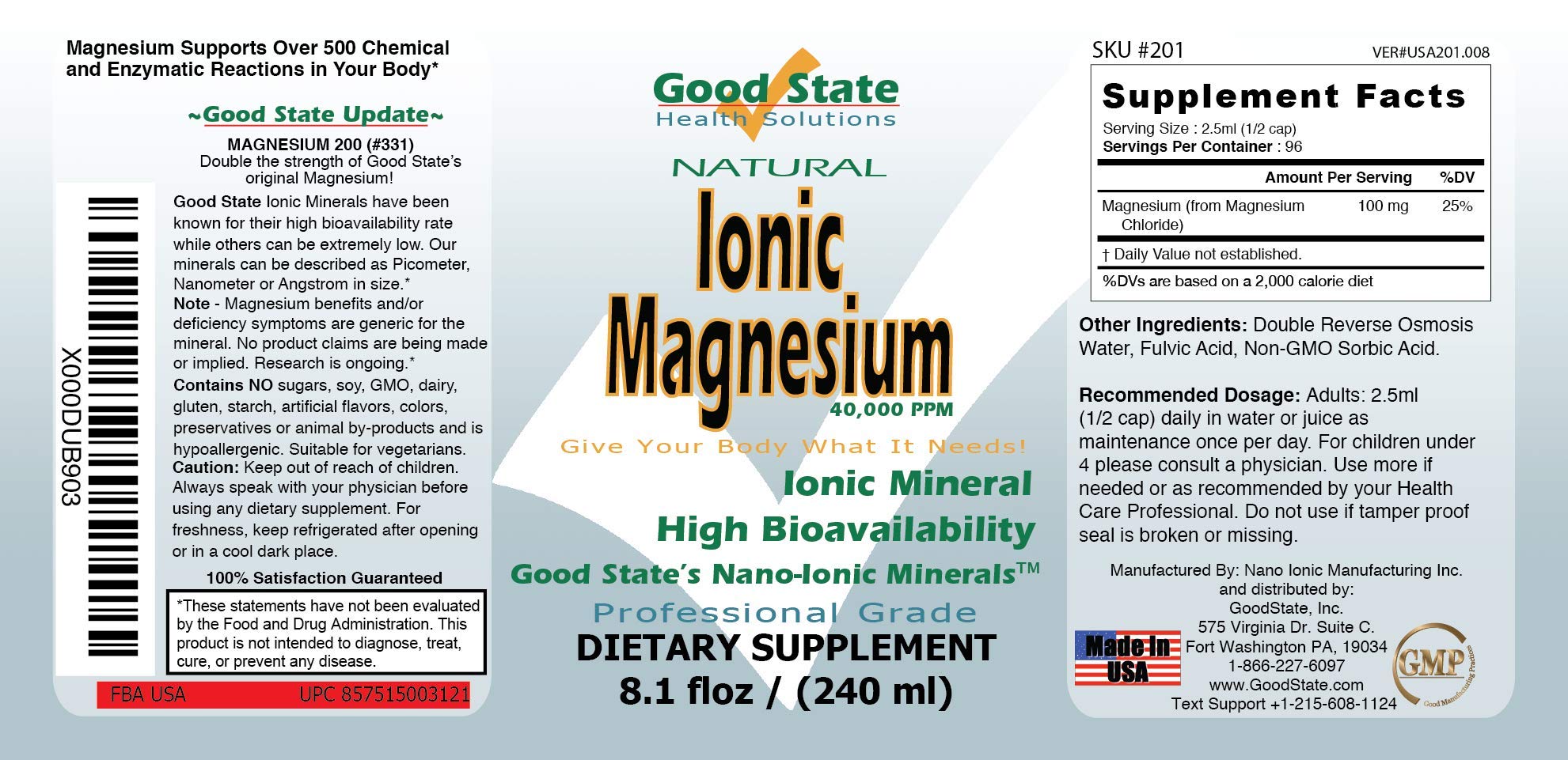 Good State Ionic Magnesium 8 oz - Natural - Nano Sized Mineral Technology - Professional Grade - Supports Healthy Chemical & Enzymes Reactions - 96 Servings (8.1 fl oz)