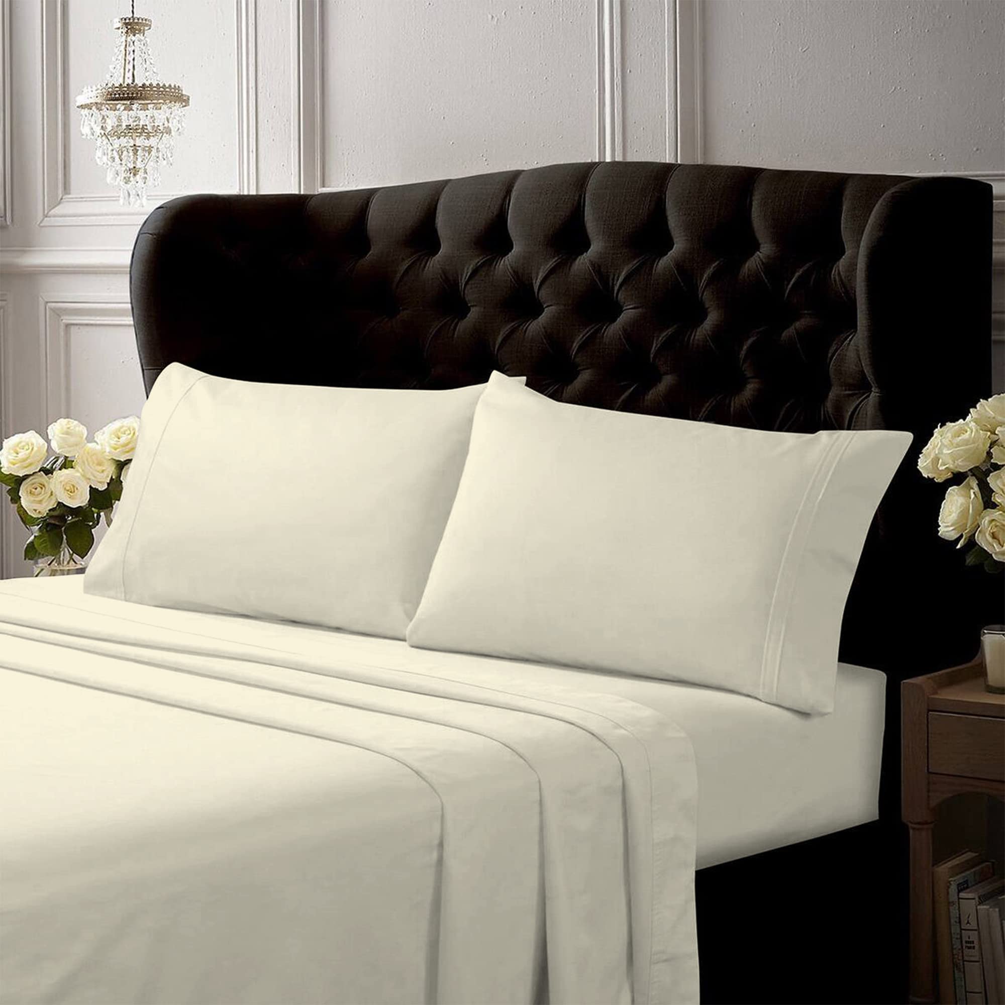 Tribeca Living, Crisp and Smooth Egyptian Cotton Percale Solid Sheets and Pillowcase Set, Extra Deep Pocket, 350 Thread Count, 4-Piece Luxury Bedding, California King, Light Ivory