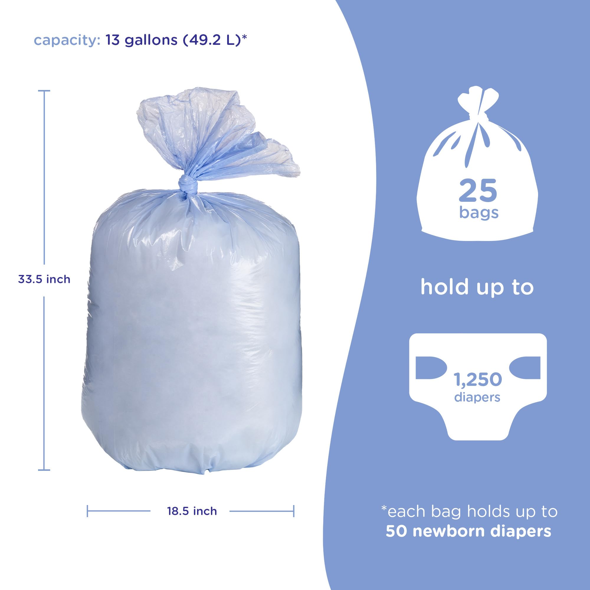 Ubbi Diaper Pail Plastic Bags, Disposable Baby Waste Bags, Single Pack, 25 Count, 13-Gallon Bags