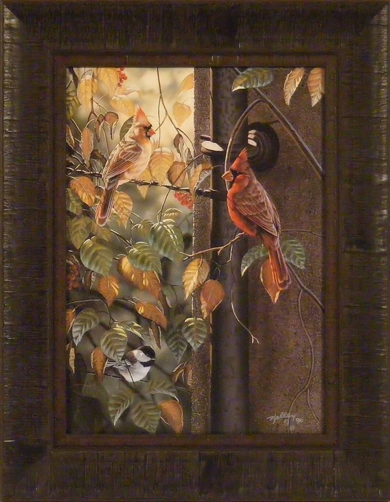 The Gathering by Rick Kelley 14x18 Cardinals Chickadees Birds Framed Art Print Wall Décor Picture